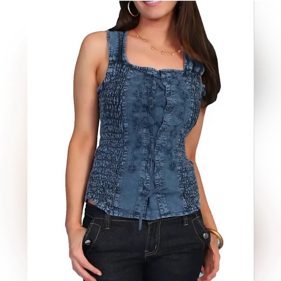 Scully | Tops | Scully Cantina Denim Lace Shirred Tank Top 0 Cotton ...